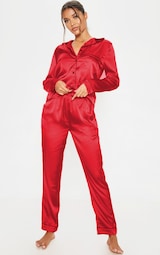 Plt Red Satin Pocket Long PJ Set | PrettyLittleThing