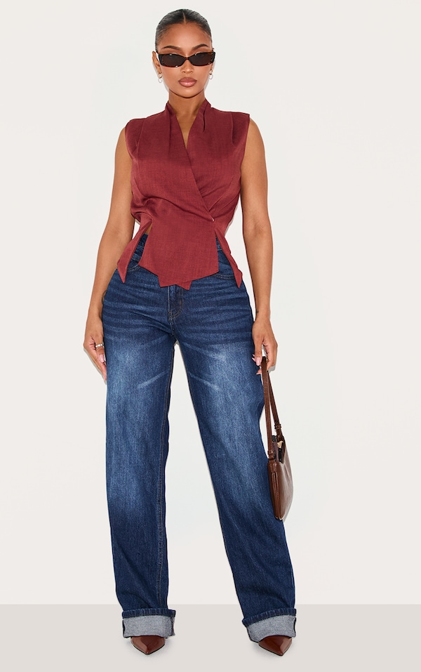 Shape Burgundy Tailored Wrap Front Vest | Shape | PrettyLittleThing USA