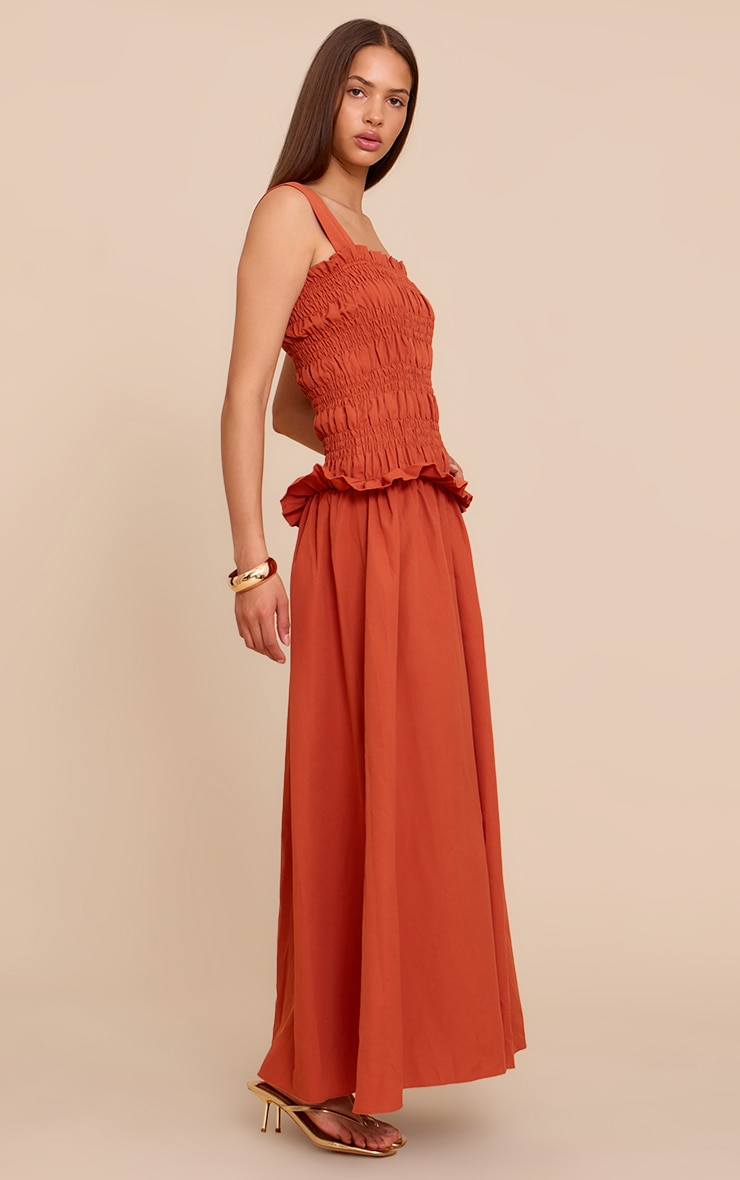 Burnt Orange Shirred Frill Detail Maxi Dress | Dresses ...