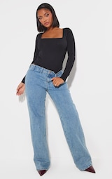 Shape Black Rib Long Sleeve Square Neck Bodysuit | Shape | PLT