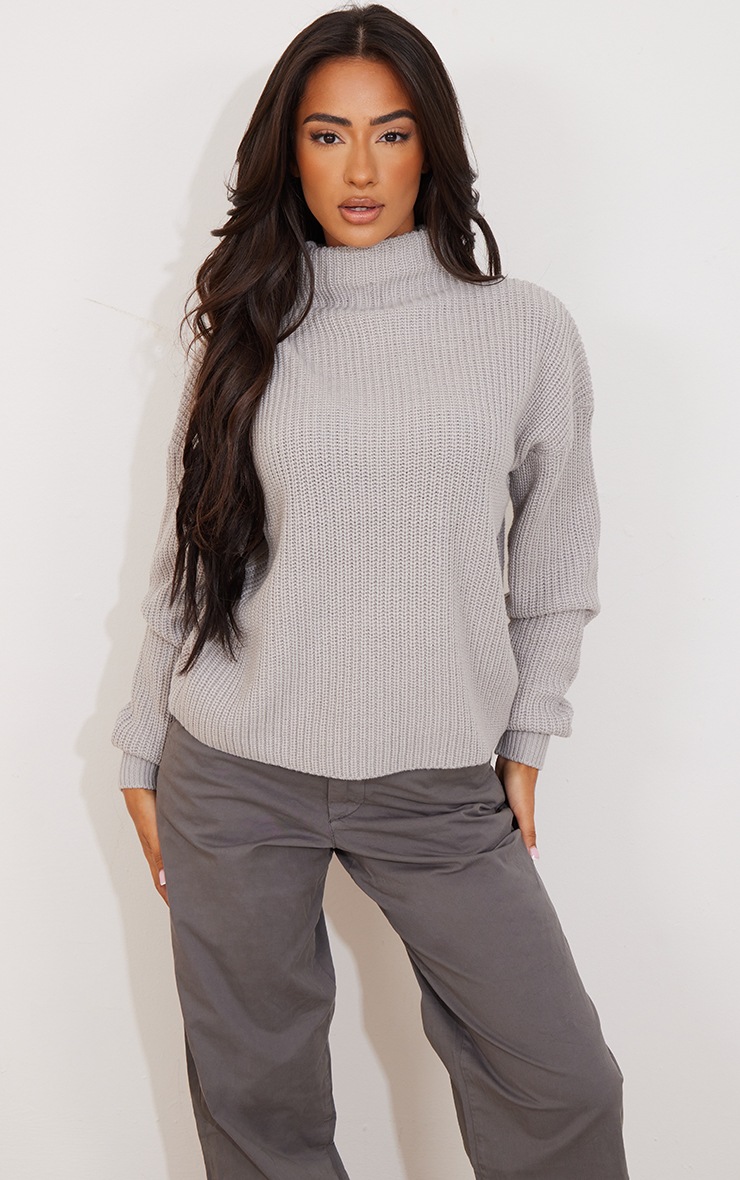 Petite Grey High Neck Long Sleeve Knit Jumper | PrettyLittleThing AUS