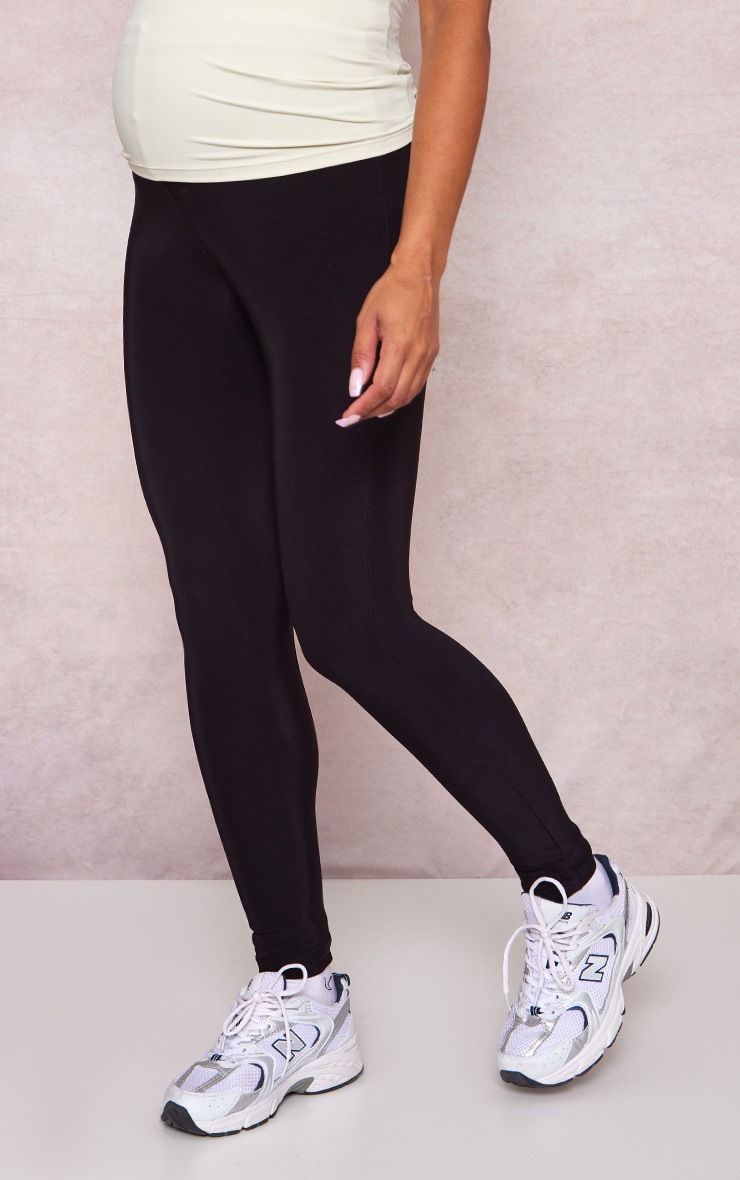 Maternity Black High Waist Slinky Leggings | PrettyLittleThing USA