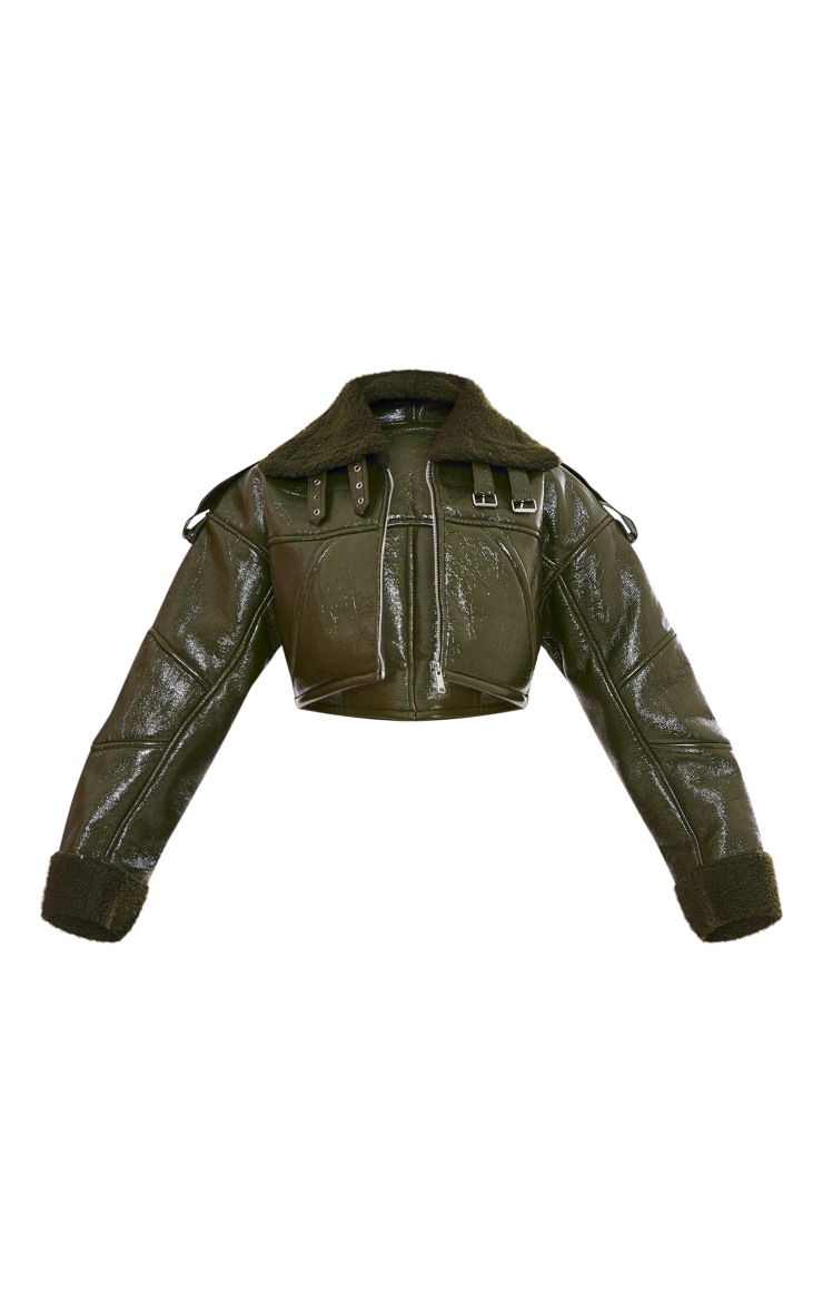 Khaki Borg Lined Vinyl Cropped Jacket | Outerwear | PLT
