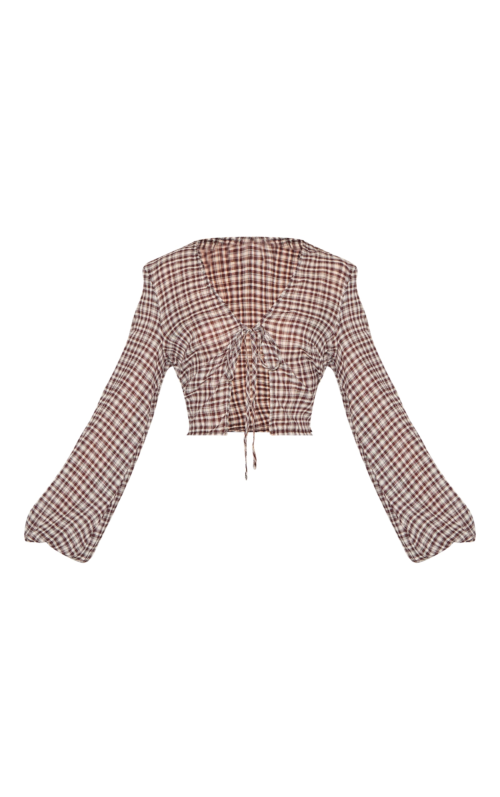 Brown Tie Front Gingham Blouse | Tops | PrettyLittleThing USA