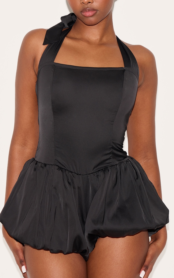 Black Satin Halter Neck Puffball Playsuit | Dresses | PLT