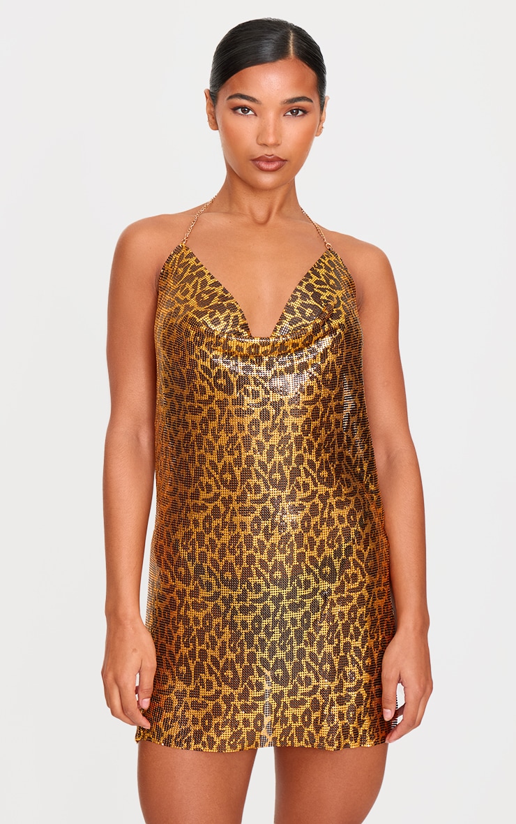 Brown Leopard Print Chainmail Cowl Shift Dress | Dresses | PLT