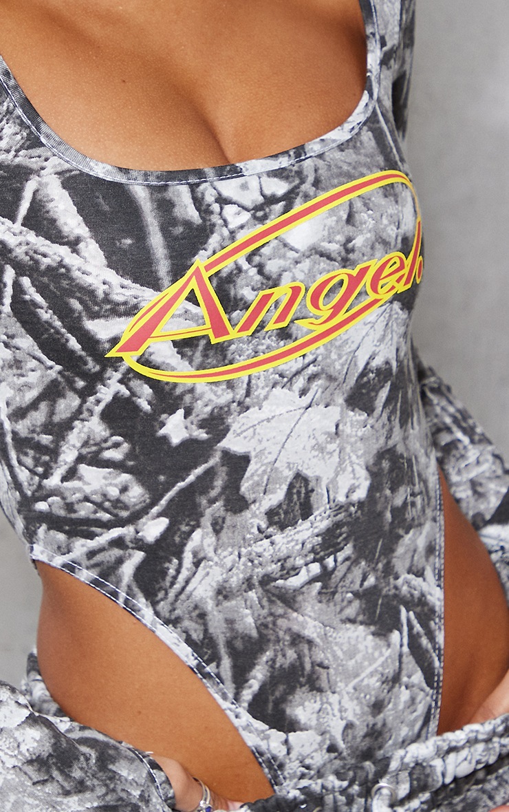 Grey Camo Long Sleeve High Leg Bodysuit | Athleisure | PLT