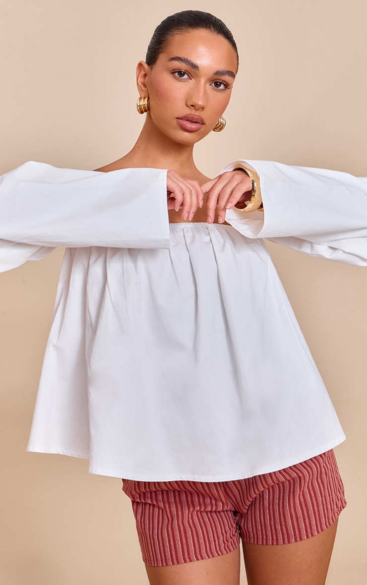 White Peach Skin Floaty Bardot Top | Tops | PLT USA