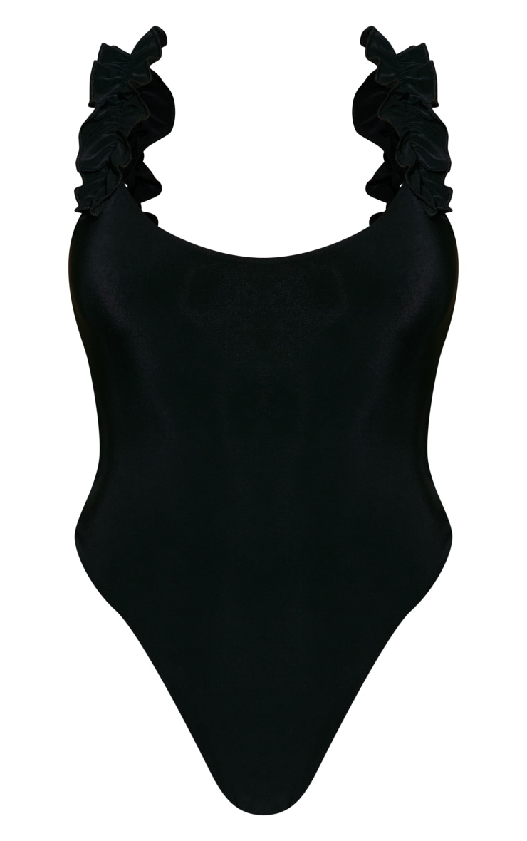Black Slinky Ruffle Strap Bodysuit | Tops | PLT