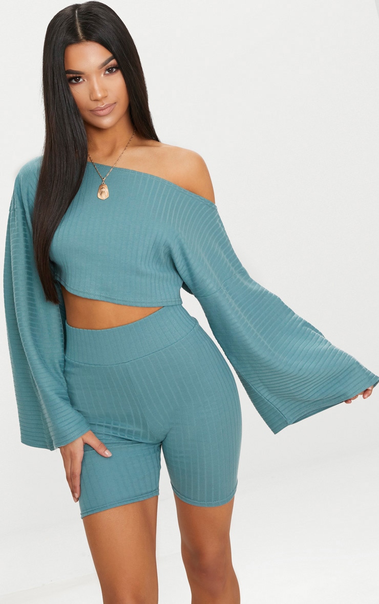 Mineral Blue Rib Off The Shoulder Crop Top | PLT