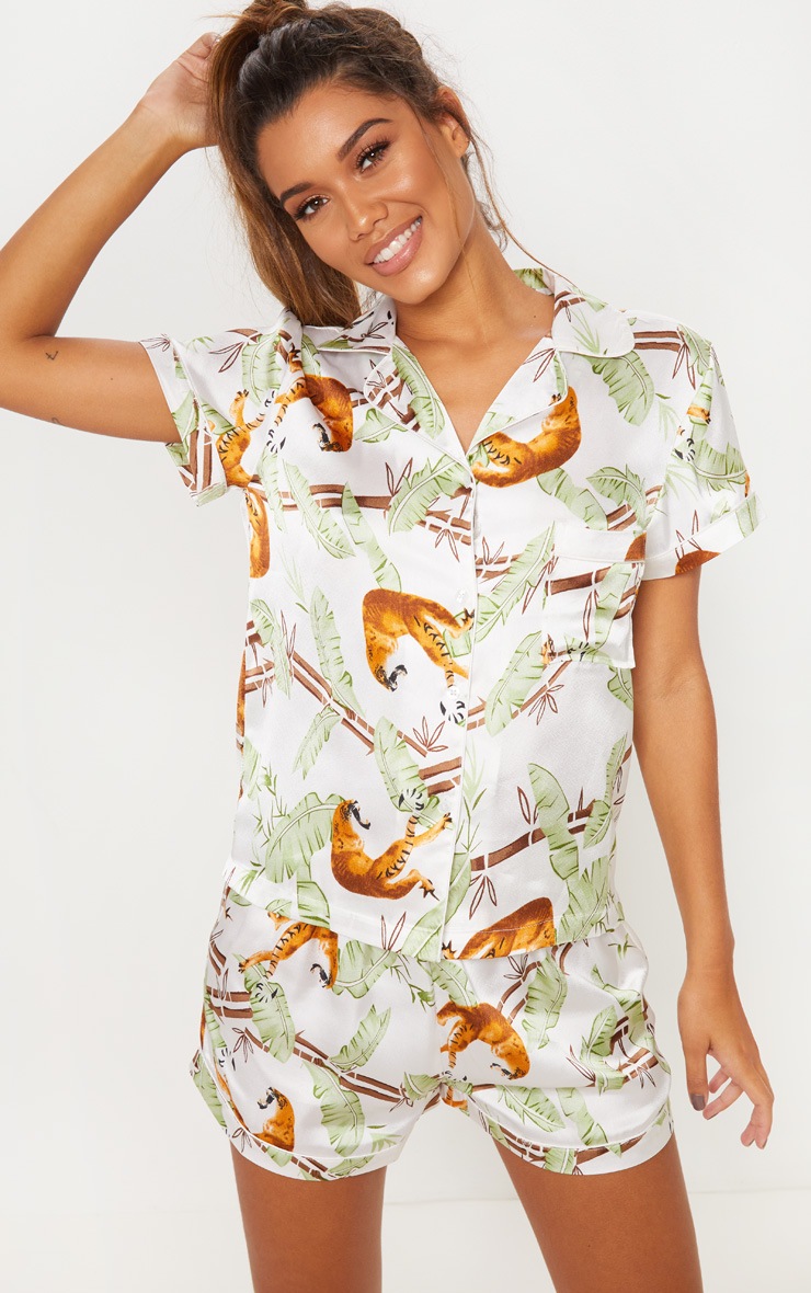 Jungle Tiger Satin White Pyjama Set | PLT