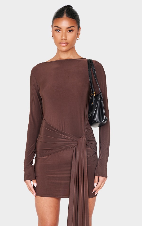 Chocolate Slinky Wrap Detail Mini Dress | Dresses | PrettyLittleThing USA