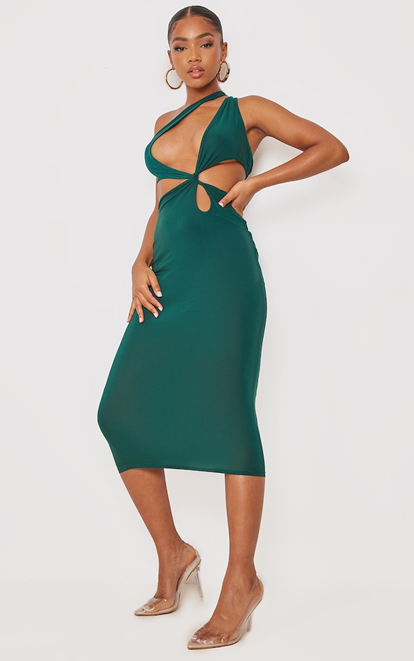 Forest Green One Shoulder Asymmetric Cut Out Dress | Dresses | PLT
