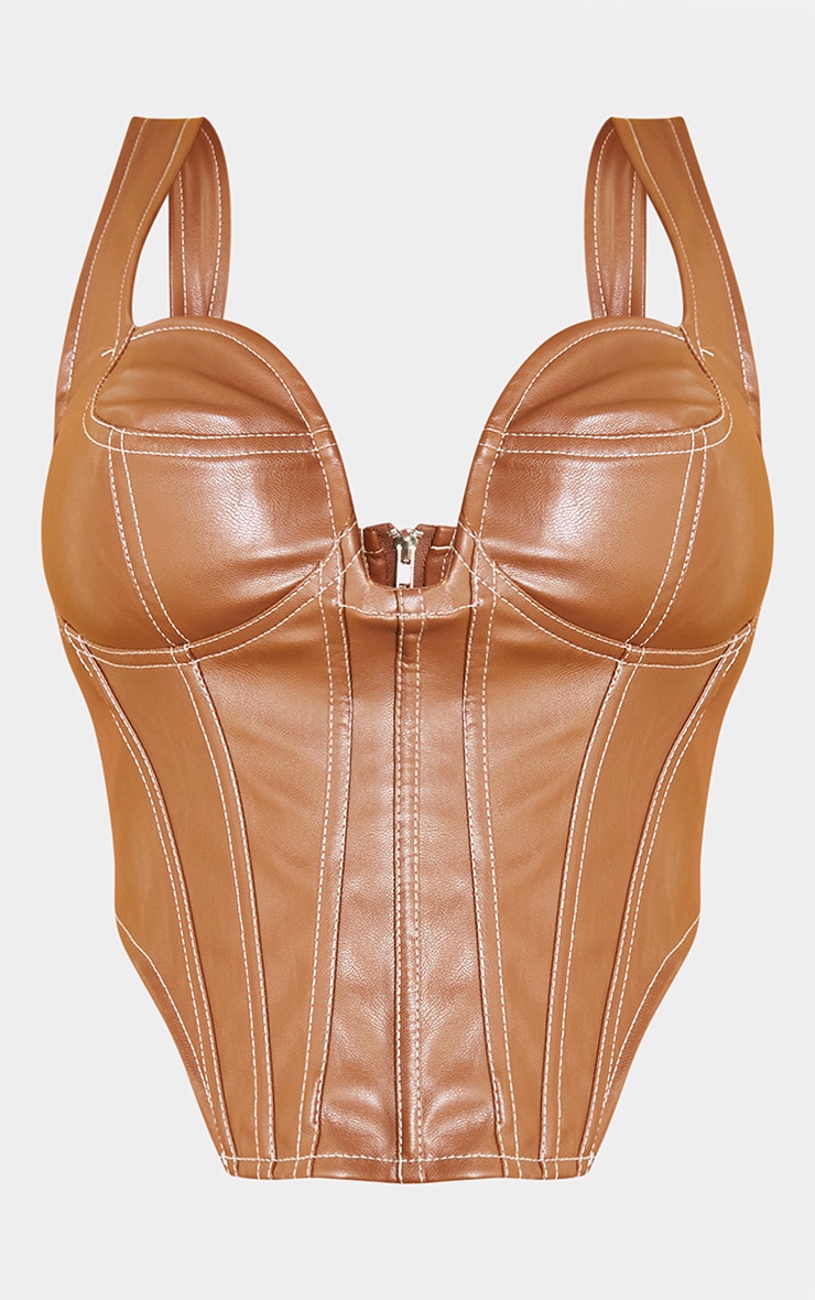Brown Pu Contrast Stitch Square Dip Hem Corset | PrettyLittleThing USA