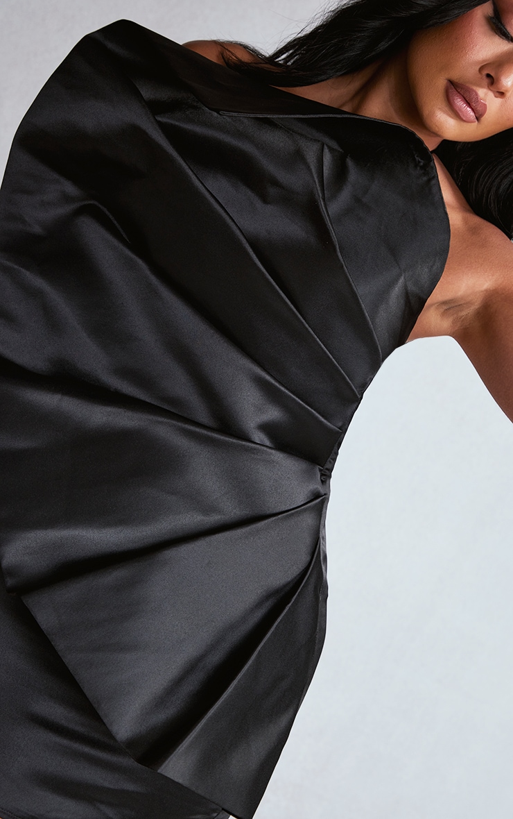 Black Structured Satin Pleat Bodycon Dress | PrettyLittleThing