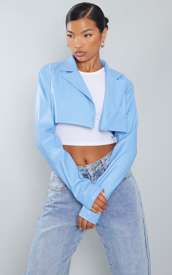 Blue Basic Shoulder Padded Boxy Cropped PU Blazer | Outerwear | PLT AUS