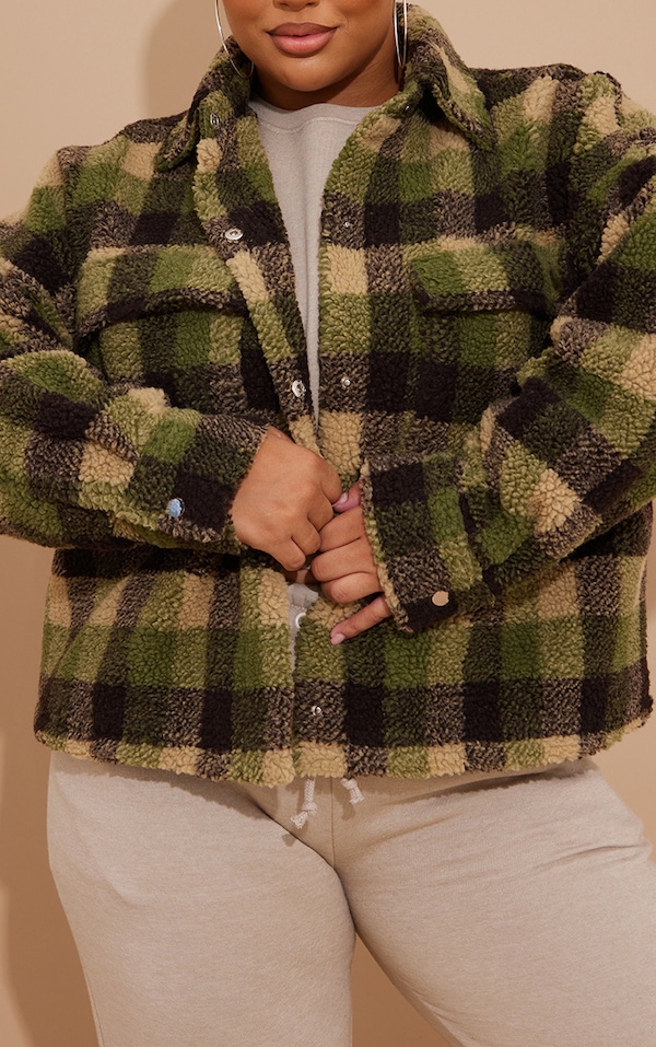 Plus Khaki Borg Check Shacket | Plus Size | PLT