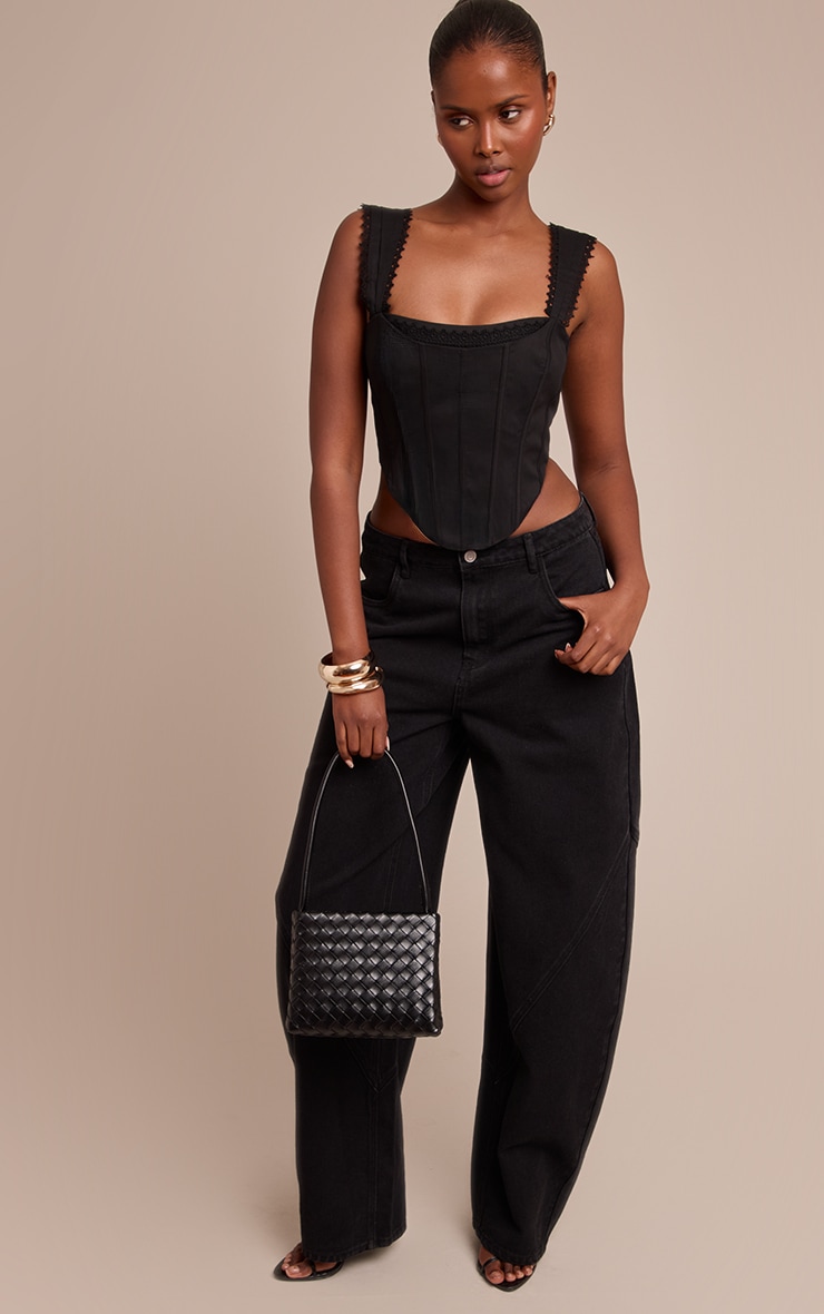 Black Woven Scallop Trim Bonded Corset | Tops | PrettyLittleThing USA