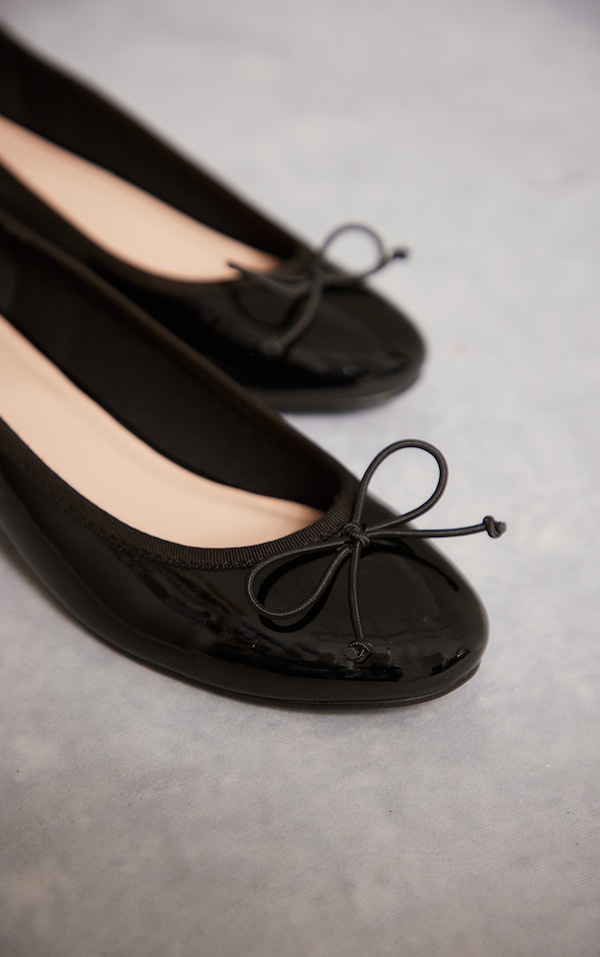 Black PU Patent Bow Block Heeled Ballet Pumps | Footwear ...