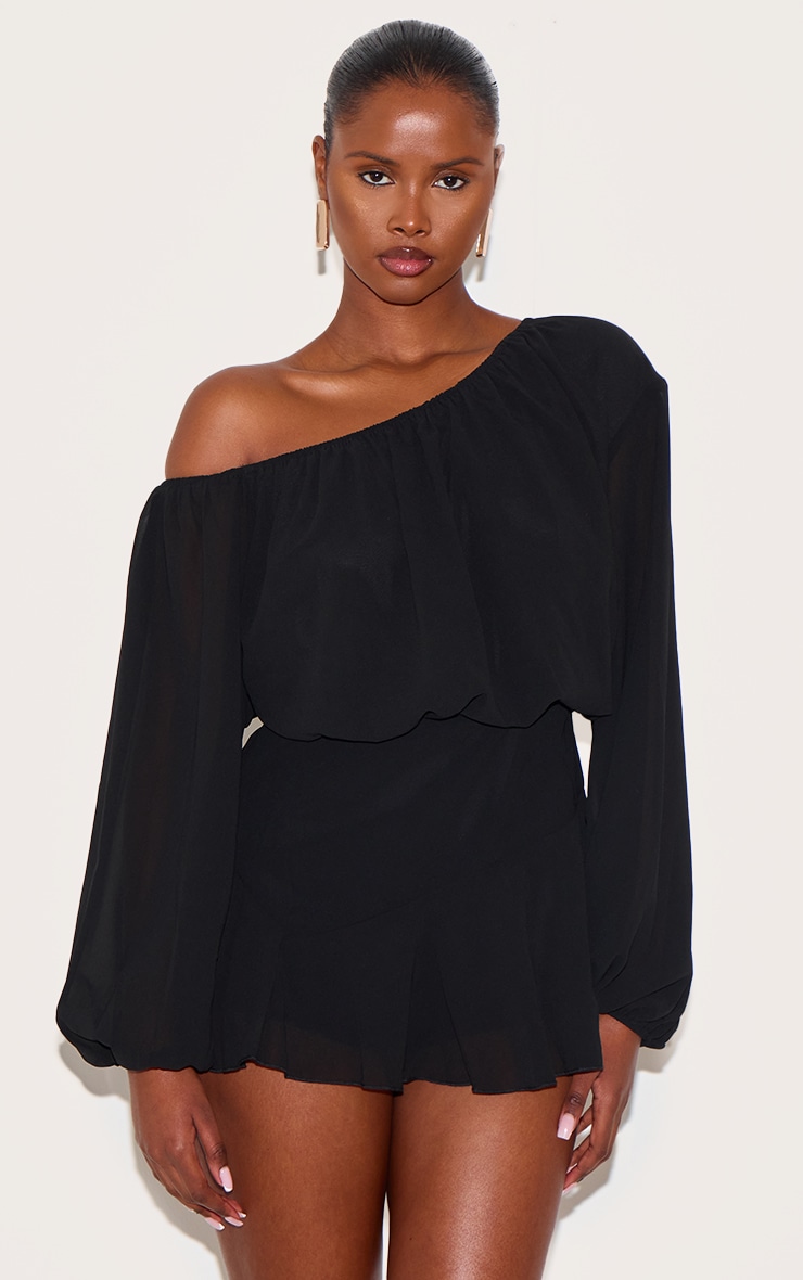 Black Chiffon One Shoulder Floaty Skort Playsuit | Dresses | PLT