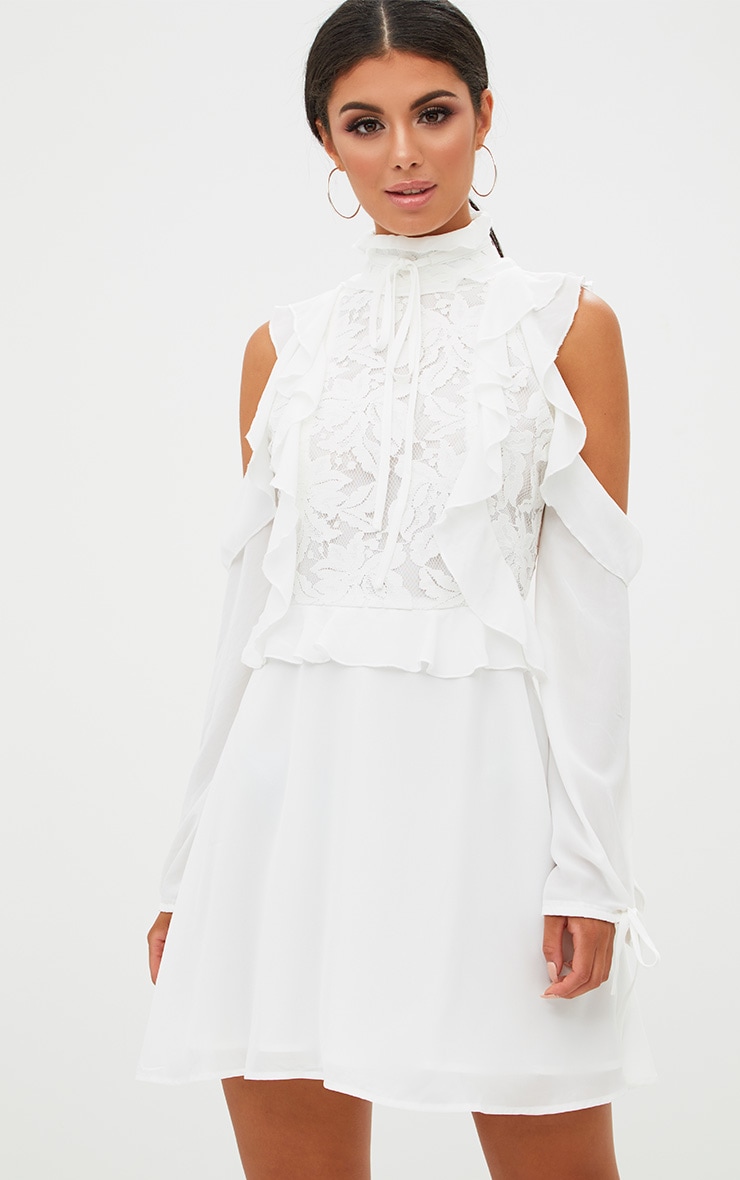 White Cold Shoulder Ruffle Detail Lace Shift Dress. Dresses ...