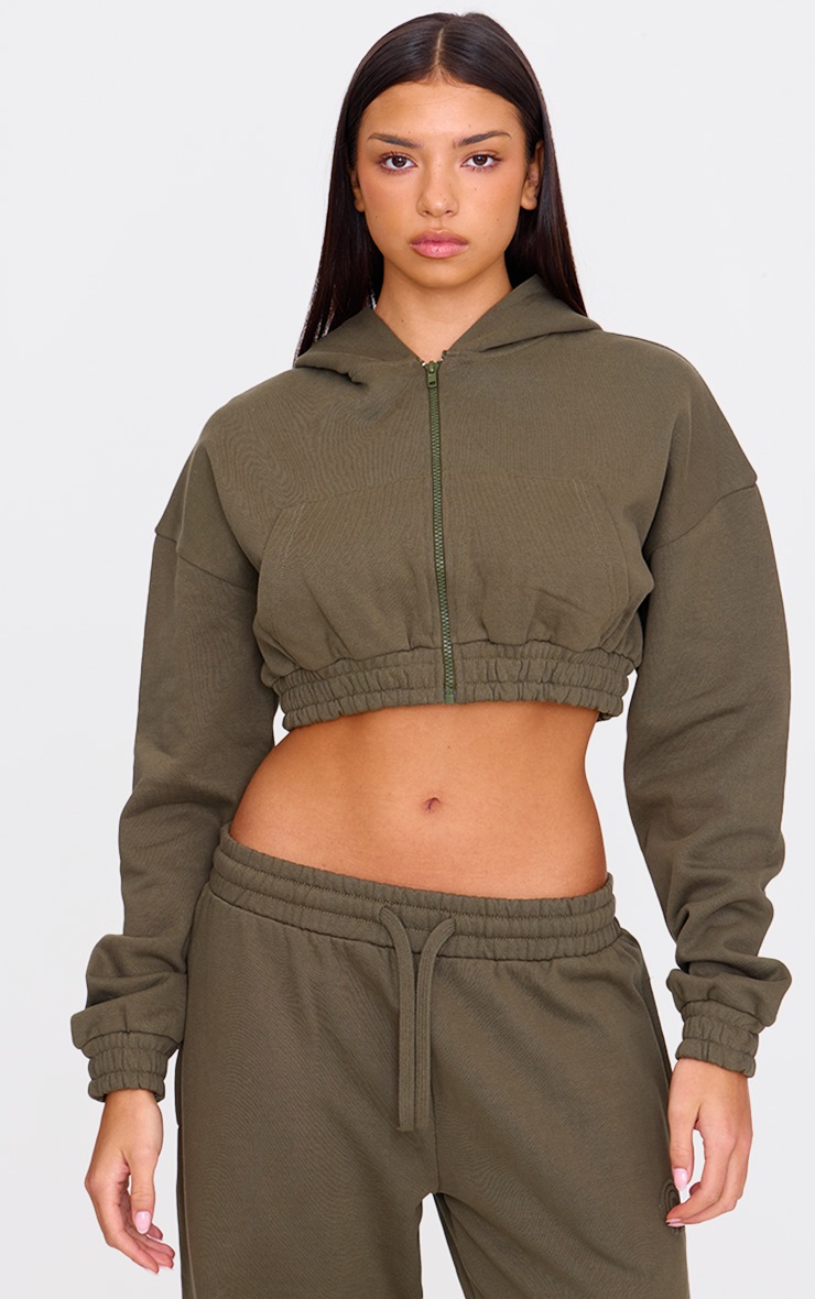 Olive Premium Cropped Waistband Sweat Hoodie | Athleisure | PLT