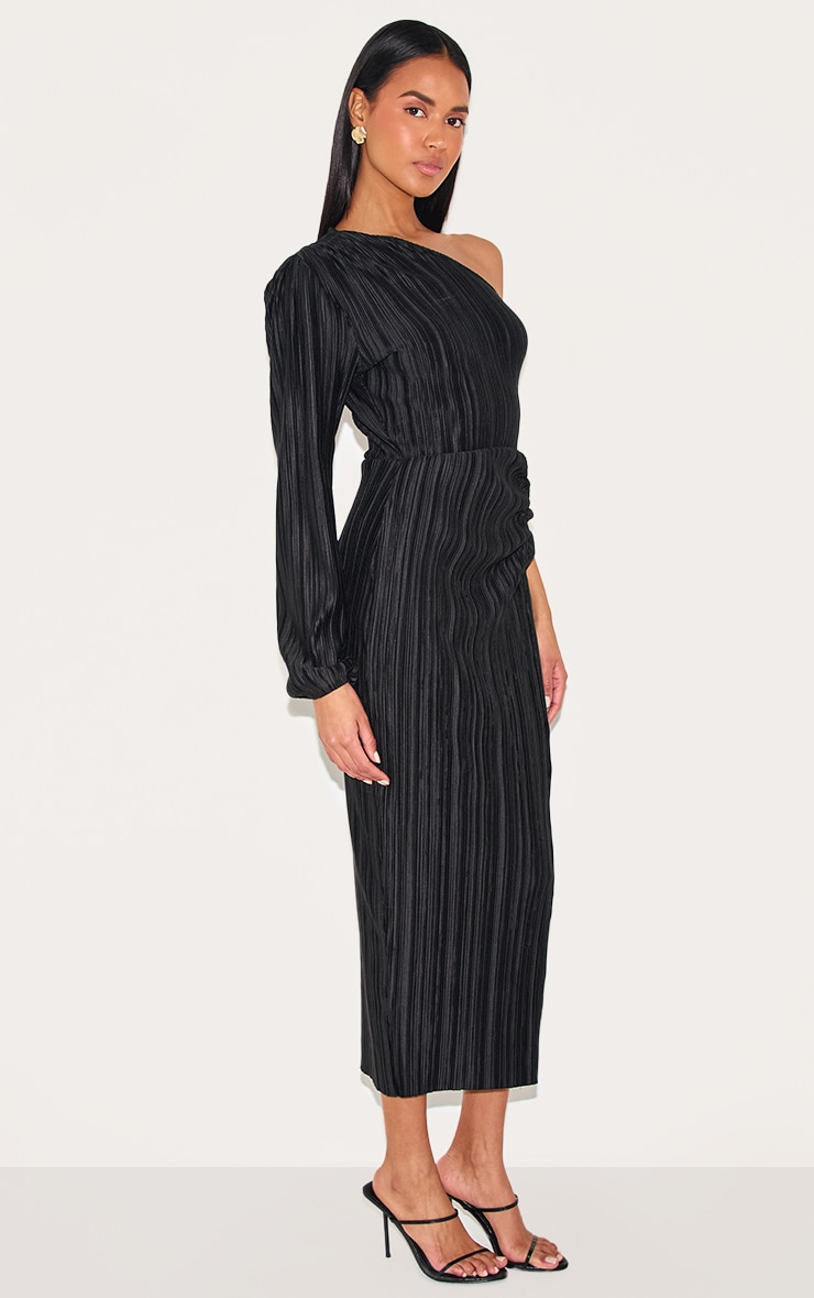 Black Plisse One Shoulder Ruched Midaxi Dress | Dresses | PrettyLittleThing