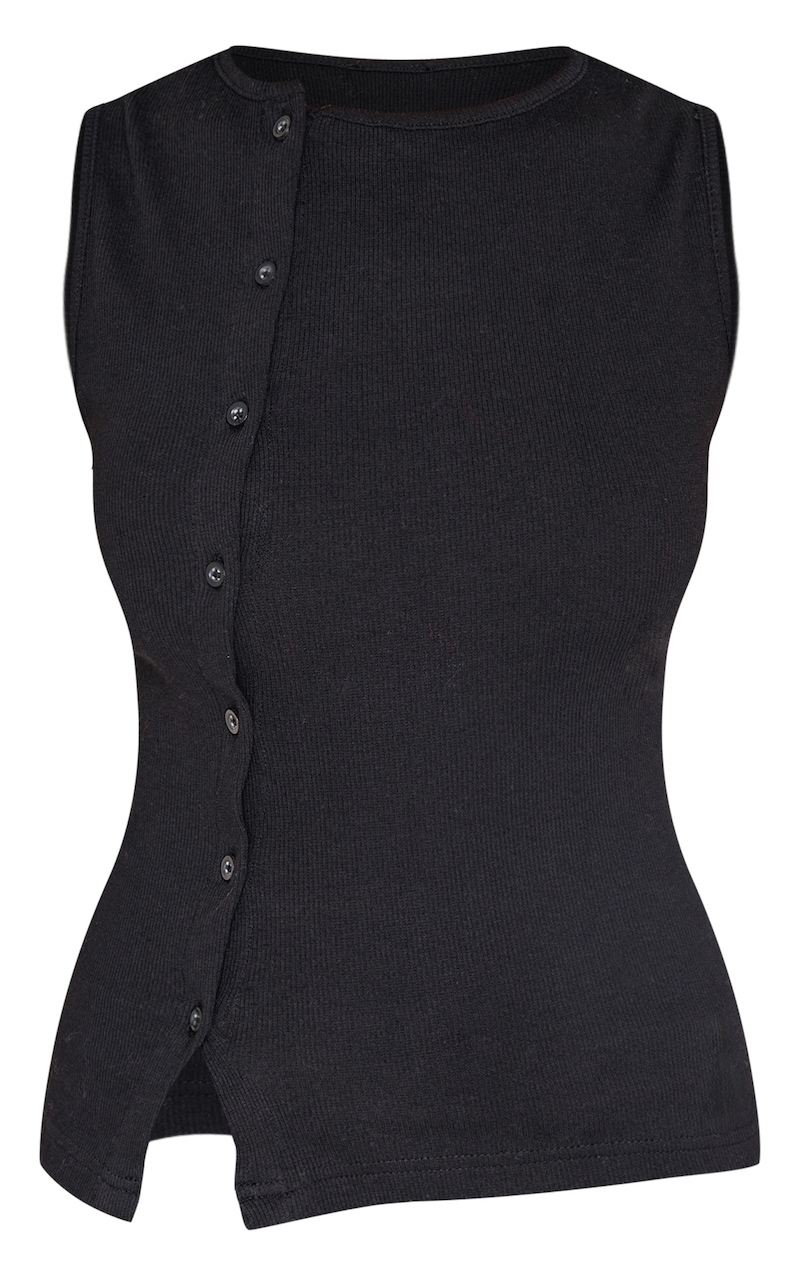 Black Ribbed Asymmetric Button Vest Top | Co-ords | PLT USA