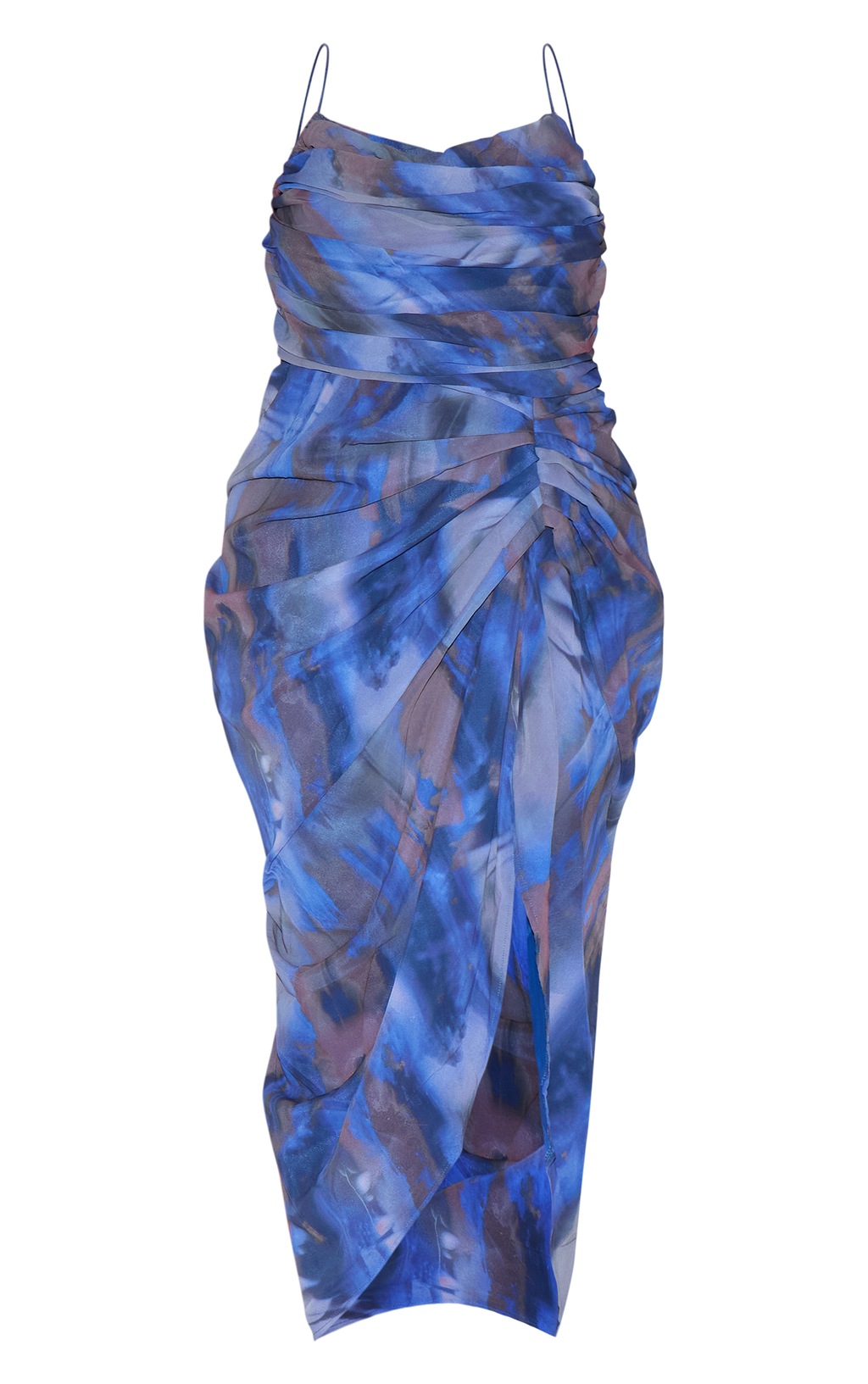 Plus Blue Abstract Chiffon Ruched Drape Midi Dress | Plus Size ...