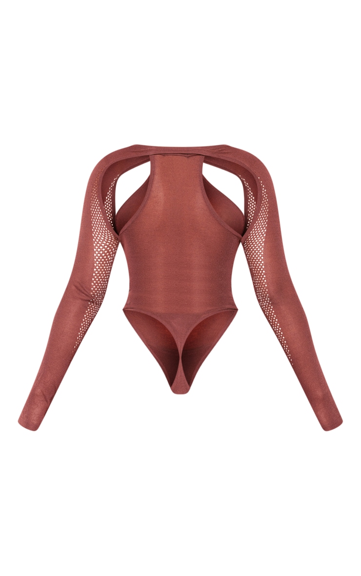 Chocolate Sheer Knit Hole Bodysuit With Sleeves | PrettyLittleThing