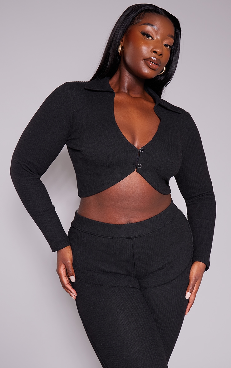 Plus Black Soft Rib Long Sleeve Crop Top | Plus Size | PLT IRE