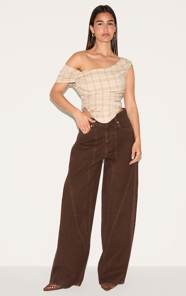 Beige Asymmetric Check Print Bardot Top | Tops | PLT USA
