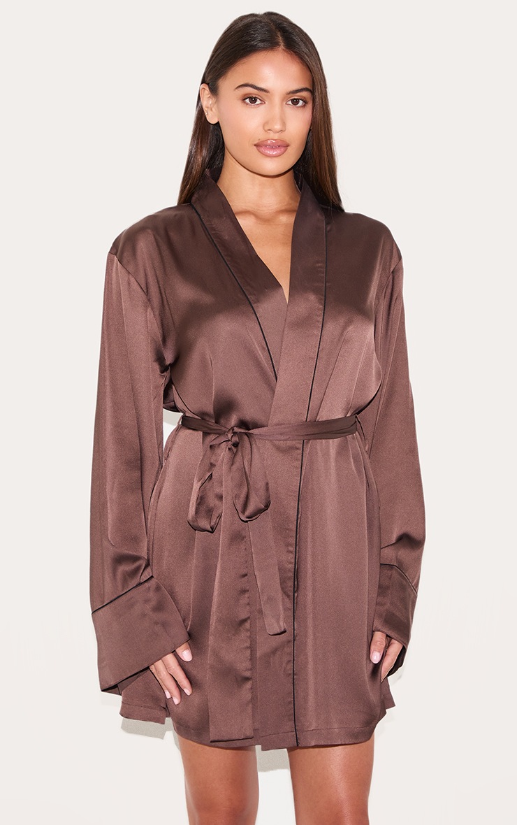 Chocolate Satin Piping Robe | Lingerie & Nightwear | PrettyLittleThing