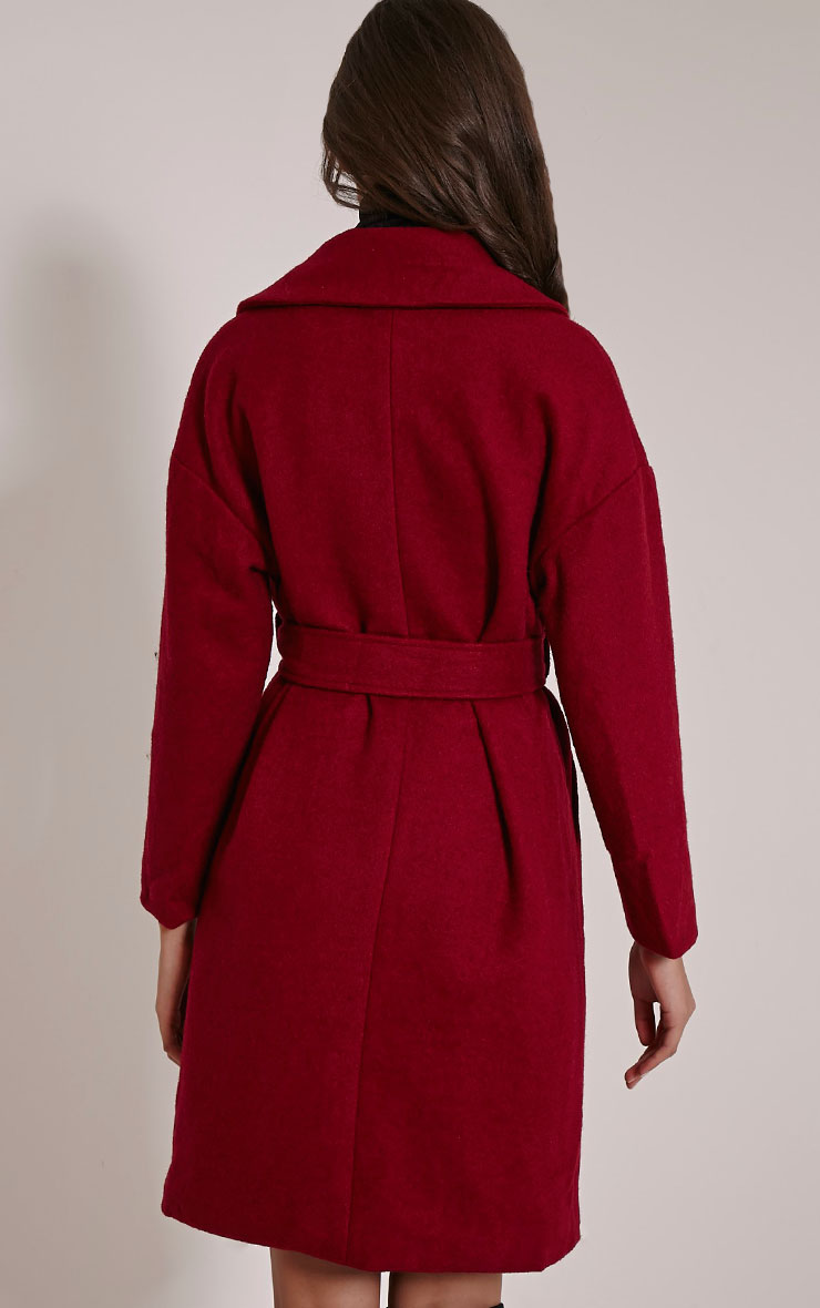 Evangeline Burgundy Wool Trench Coat | PrettyLittleThing