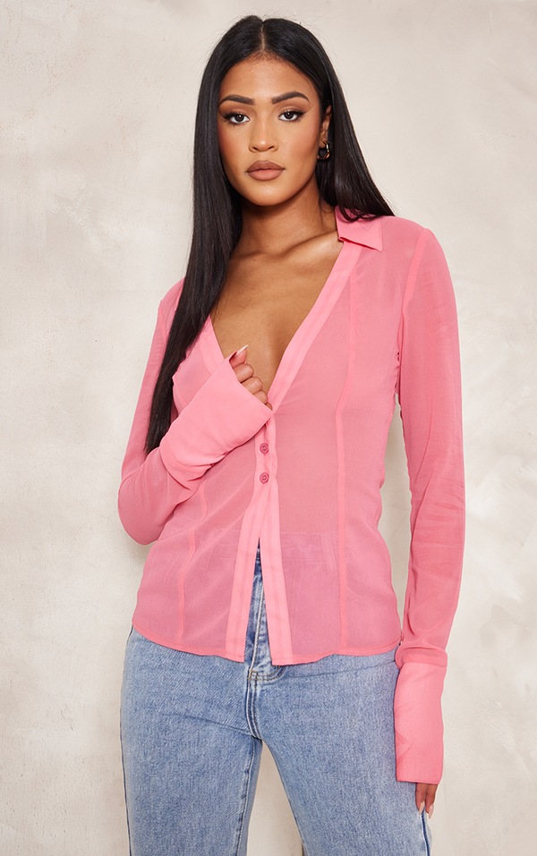 Tall Hot Pink Mesh Button Front Blouse | Tall | PLT IRE
