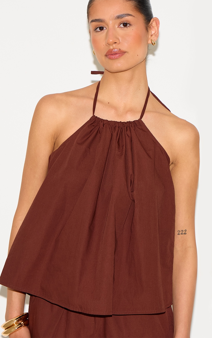 Tall Chocolate Poplin Low Back Halterneck Top | Tall | PLT USA