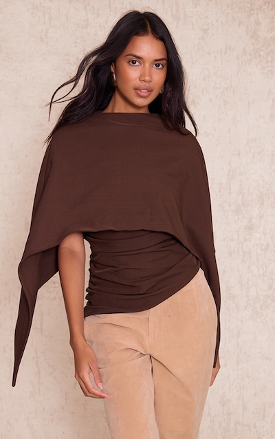 Dark Chocolate Woven Cape Detail Ruched Long Top | Tops | PLT