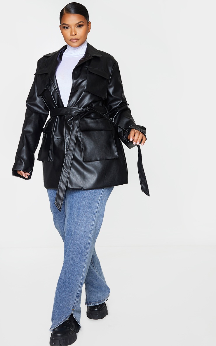 Plus Black PU Longline Pocket Front Jacket | Plus Size | PLT AUS