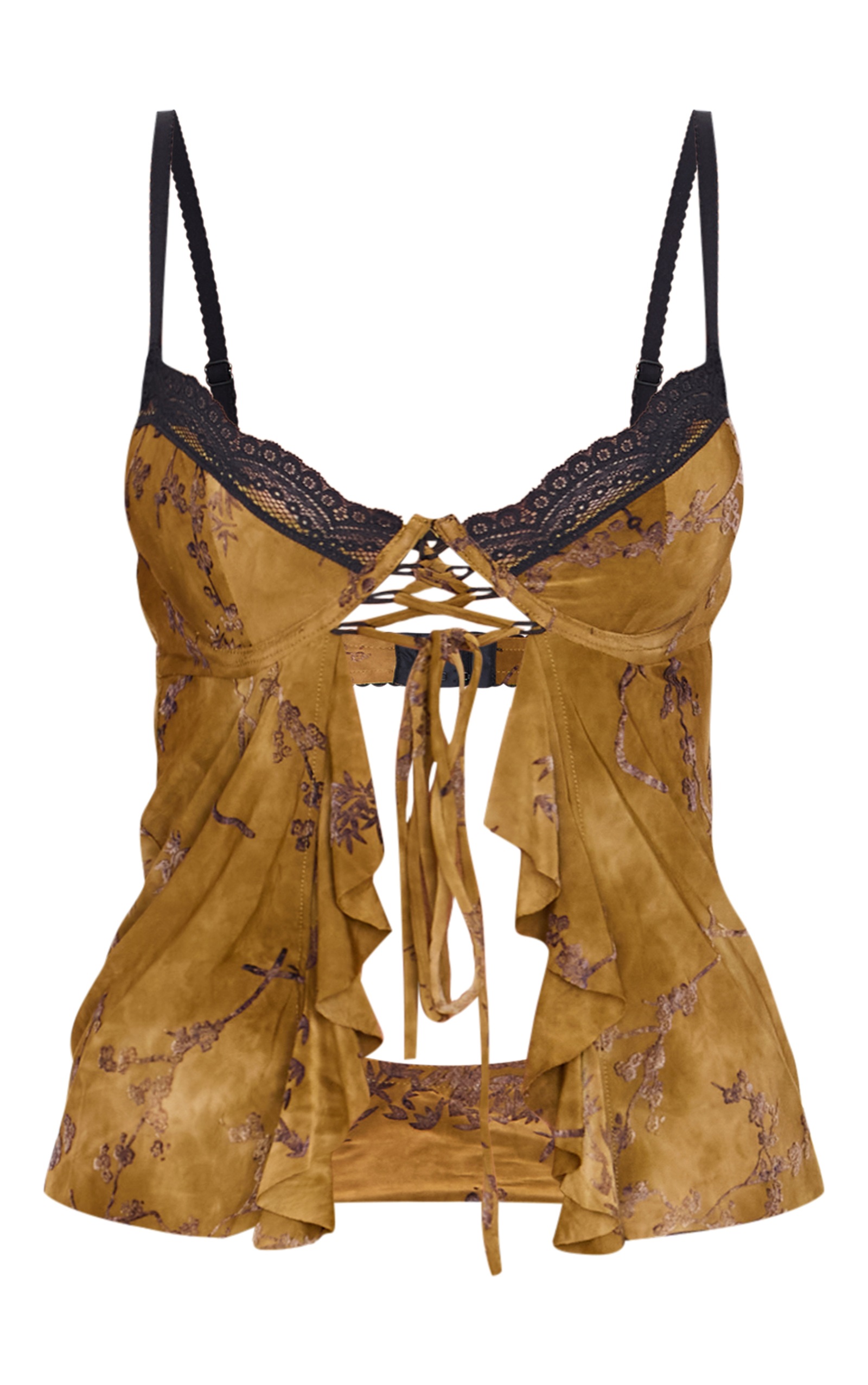 Khaki Devore Lace Trim Strappy Long Top | Tops | PLT