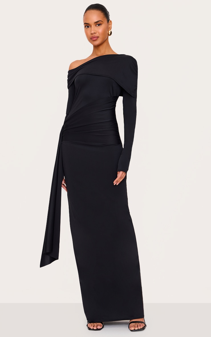 Robe Longue En Sculpt Mat Noir Froncée À Col Replié Et Détail Drapé ...