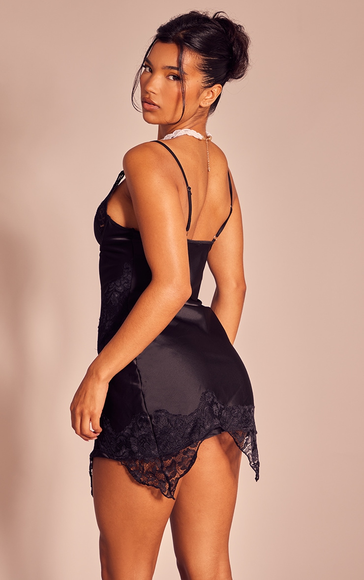 Black Satin Lace Trim Underwire Mini Shift Dress Dresses