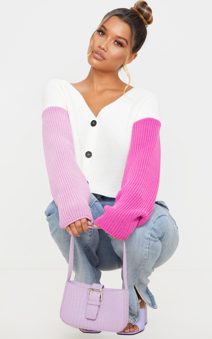 Pink Color Block Button Up Cropped Cardigan | Knitwear ...