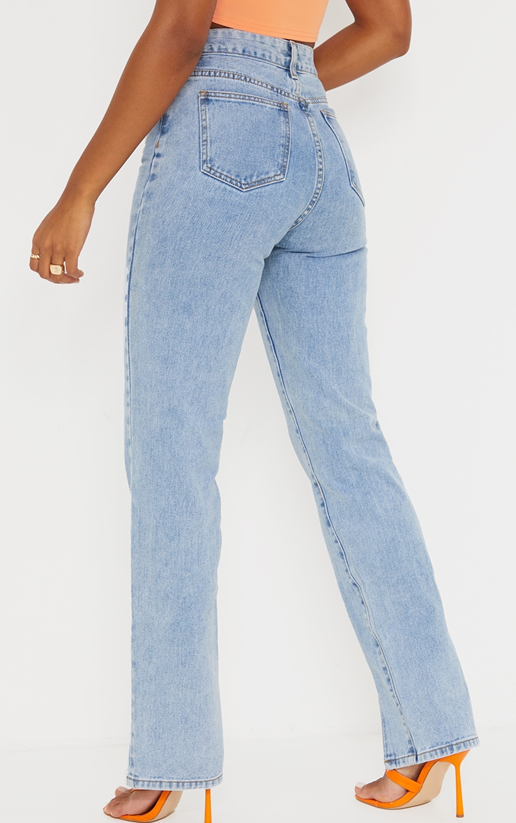 Light Blue Wash Split Long Leg Straight Jeans | PrettyLittleThing USA