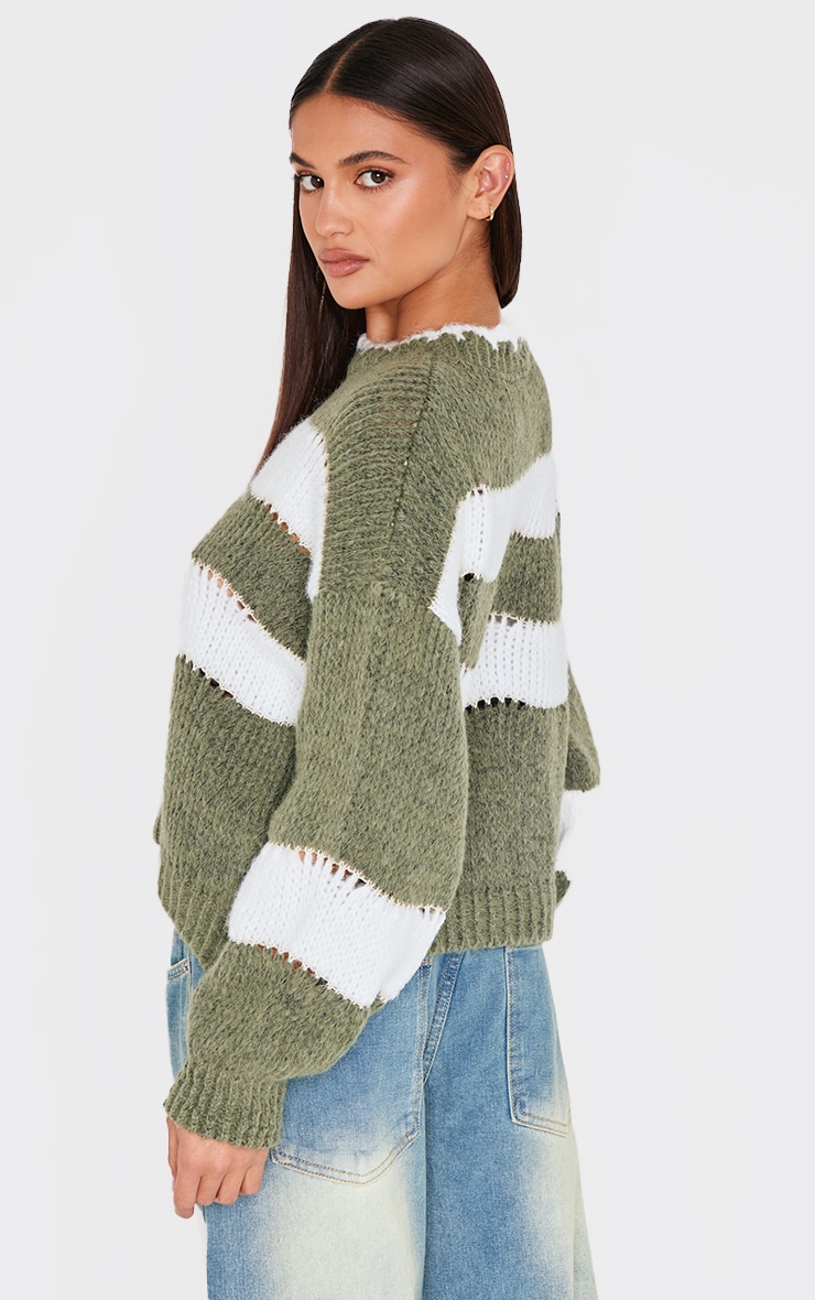 Khaki Stripe Distressed Detail Chunky Knit Jumper | Knitwear | PLT