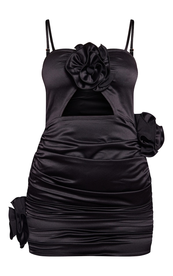 Black Rose Ruched Strappy Satin Bodycon Dress | Dresses | PLT IRE