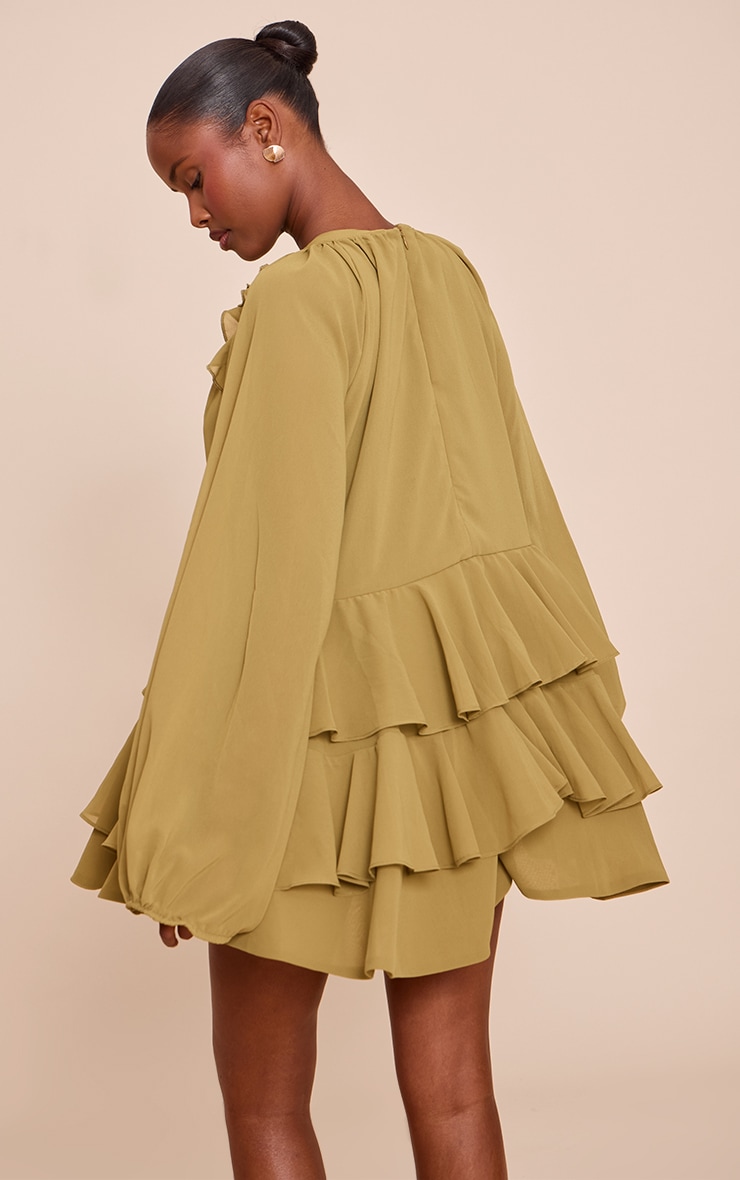 Olive Chiffon Frill Detail Shift Playsuit | Dresses | PLT