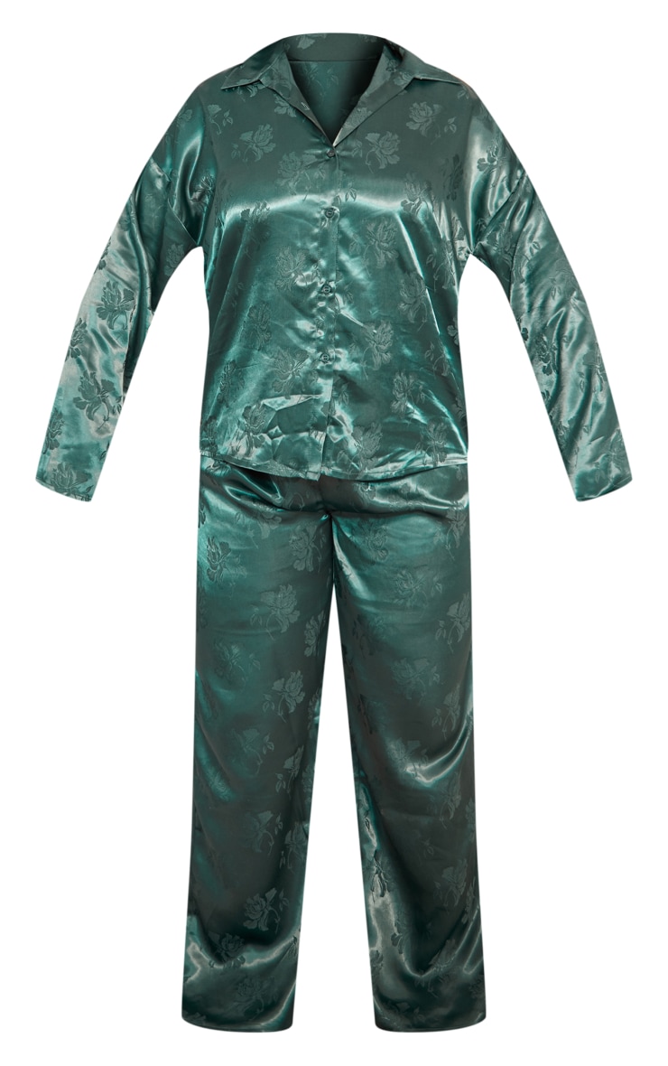 Plus Emerald Green Satin Jacquard Long Pj Set | PrettyLittleThing