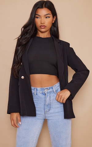 Black Double Breasted Military Style Woven Blazer | PrettyLittleThing