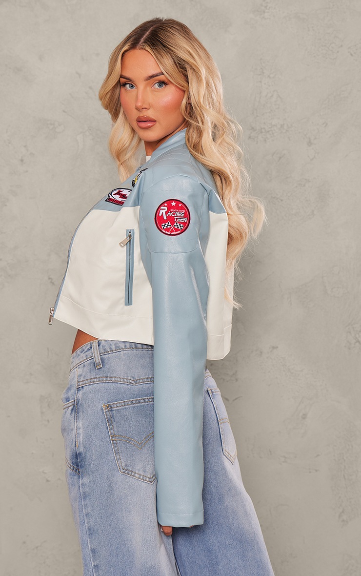 Light Blue PU Contrast Panel Graphic Racer Jacket | Outerwear ...