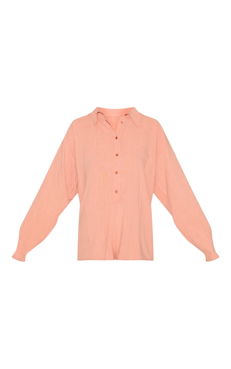 Peach Linen Look Floaty Shirt Detail Romper | Dresses | PLT USA